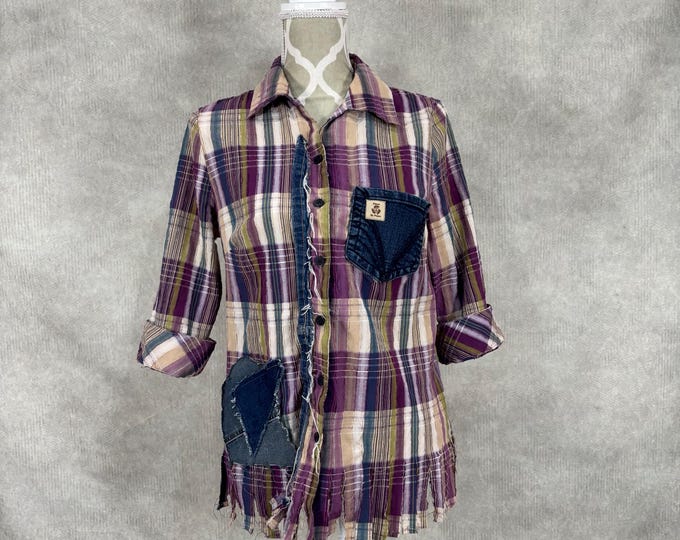 Upcycled Flannel Patchwork Duster , Sz L Women’s Multi Color Flannel ...