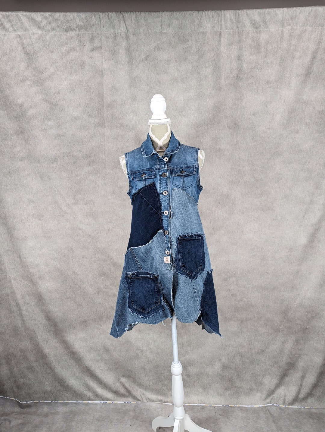 Upcycled Long Denim Patchwork Vest - Small - Etsy