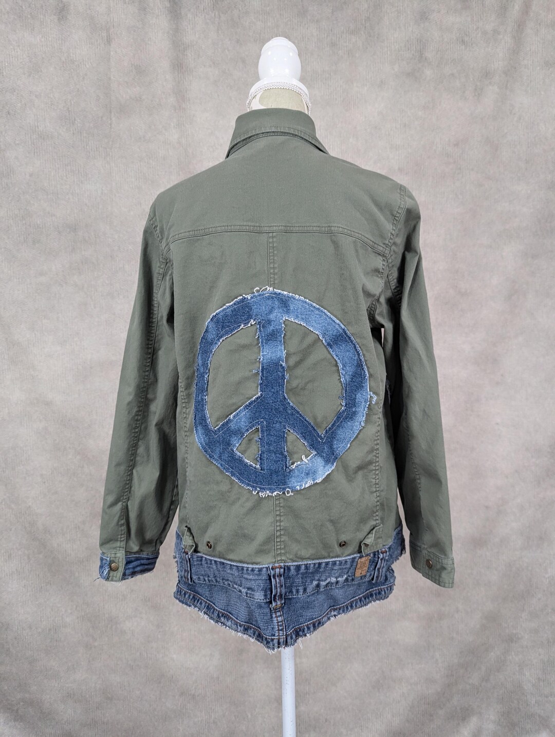 Upcycled Jacket With Frayed Denim Peace Sign and Detail - Large - Etsy