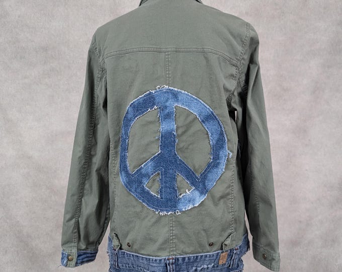 Upcycled Jacket With Frayed Denim Peace Sign and Detail - Large - Etsy