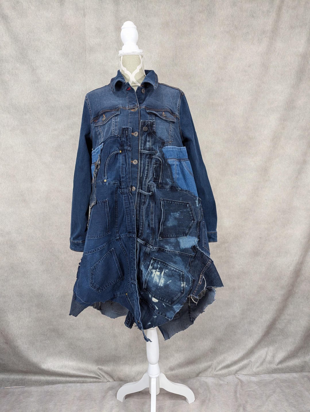 Upcycled Long Denim Patchwork Jacket - Large - Etsy