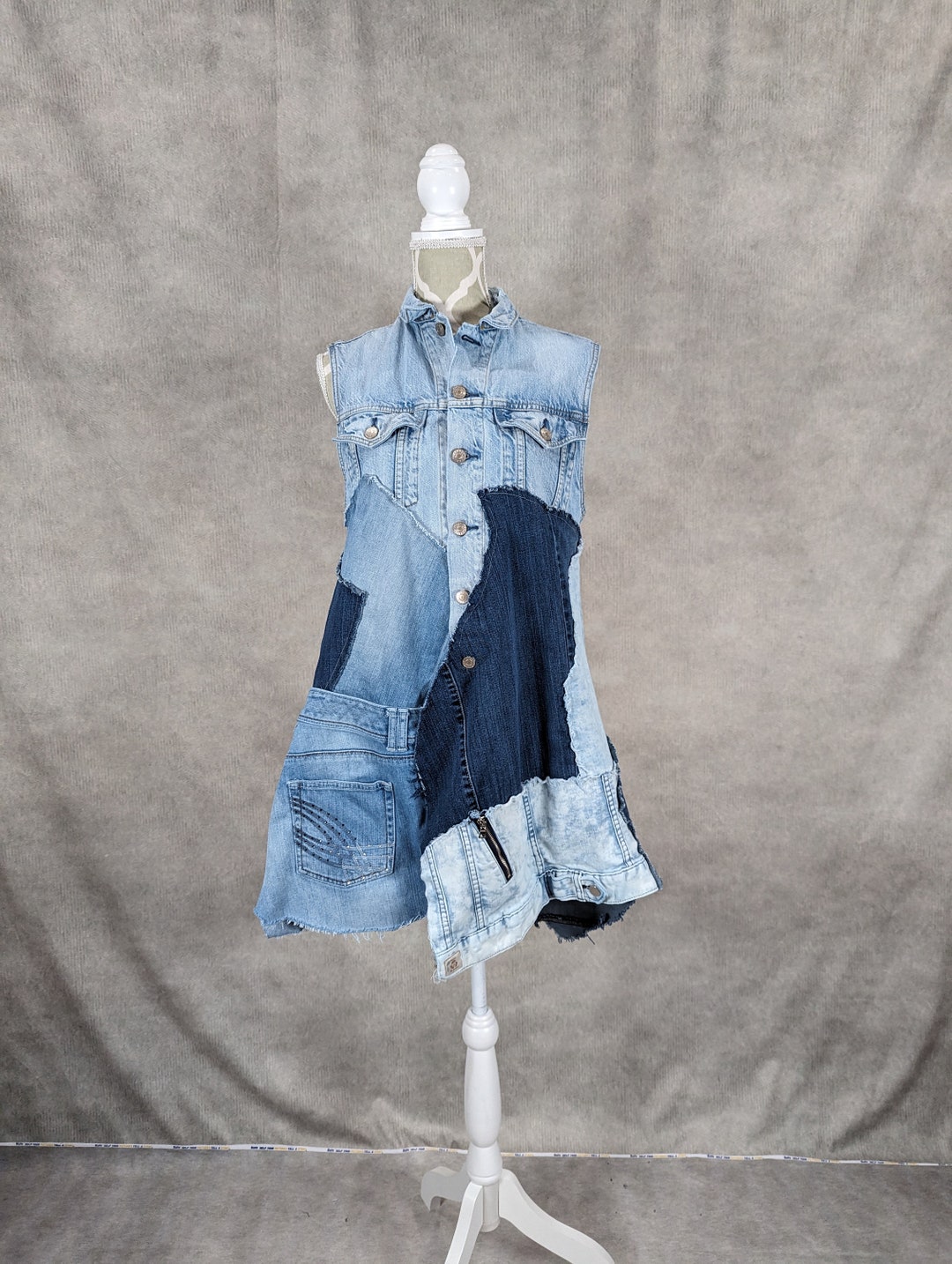 Upcycled Long Denim Patchwork Vest - S/M - Etsy