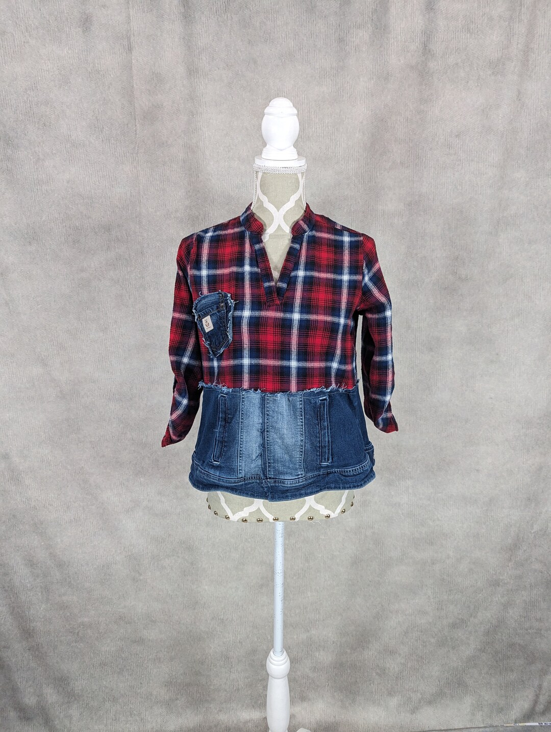 Upcycled Plaid Blouse With Frayed Denim Trim - S/M - Etsy