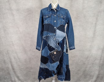 Long Patchwork Jeans Coat, Designer Art Denim Unisex Jacket, Rip Jeans ...