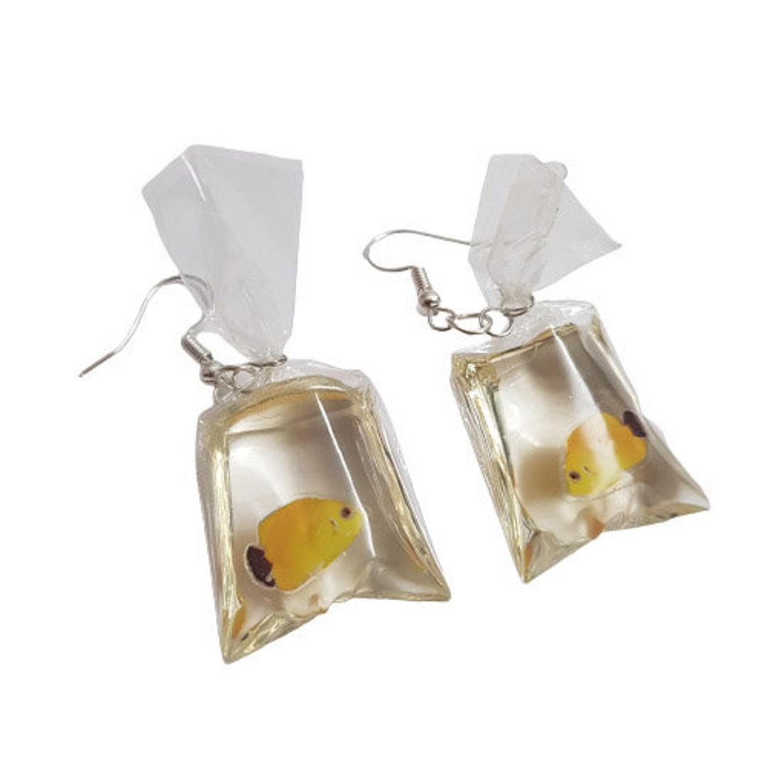 Percy the Fish Earrings Goldfish in a Bag Earrings Quirky Kitsch Fun ...