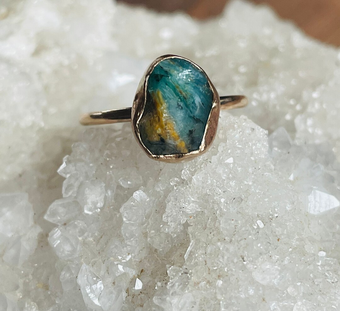 Solid Gold Raw Blue Peruvian Opal| Raw Stone Engagement Ring| Raw ...