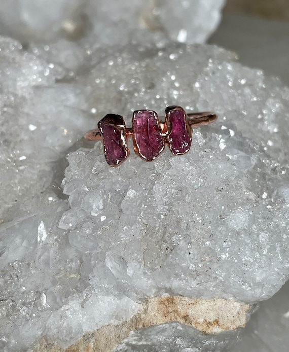 Pink tourmaline ring dainty multi stone ring birthstone ring unique engagement ring raw stone rings