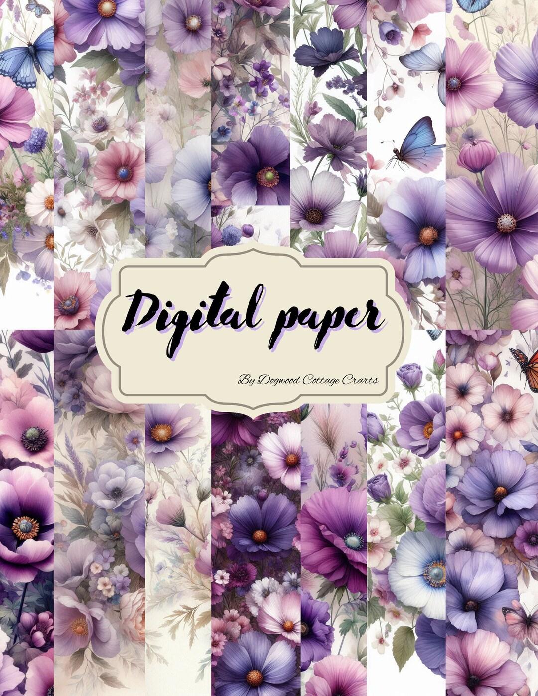 Purple Floral Digital Paper | Scrapbook Paper | Digital Background ...