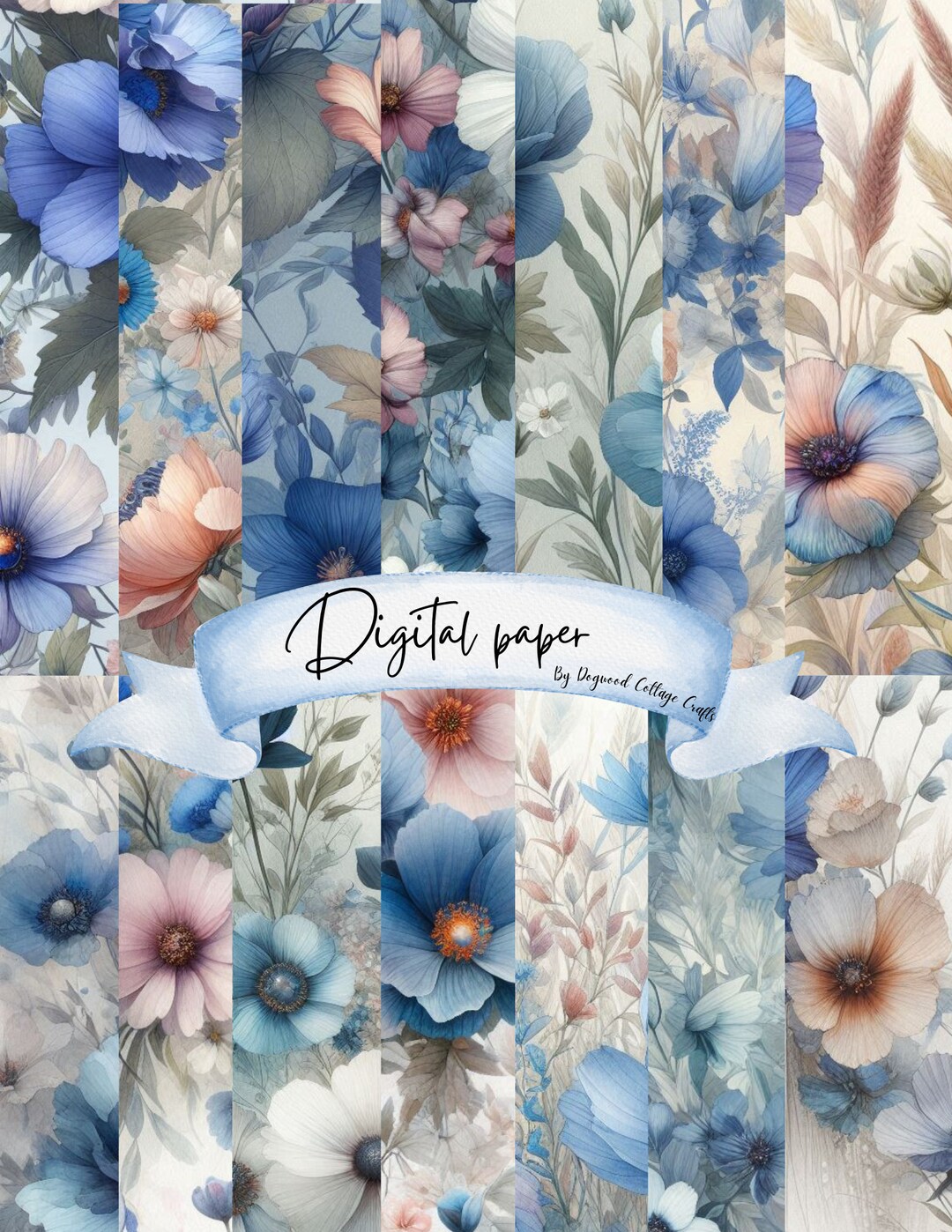 Blue Floral Digital Paper | Scrapbook Paper | Digital Background ...