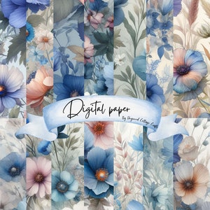 Blue Floral Digital Paper | Scrapbook Paper | Digital Background ...