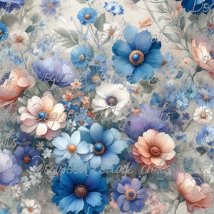 Blue Floral Digital Paper | Scrapbook Paper | Digital Background ...