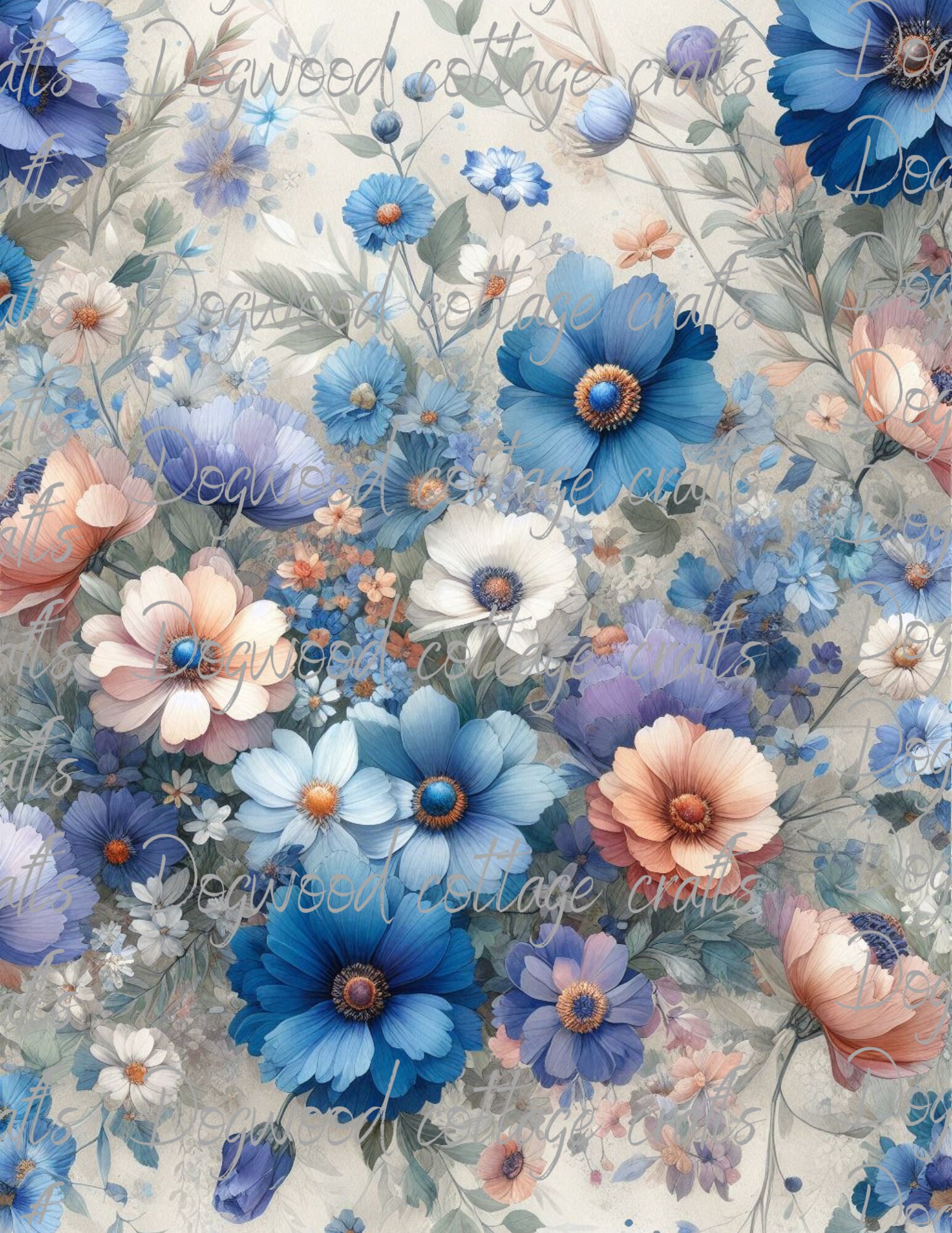 Blue Floral Digital Paper | Scrapbook Paper | Digital Background ...