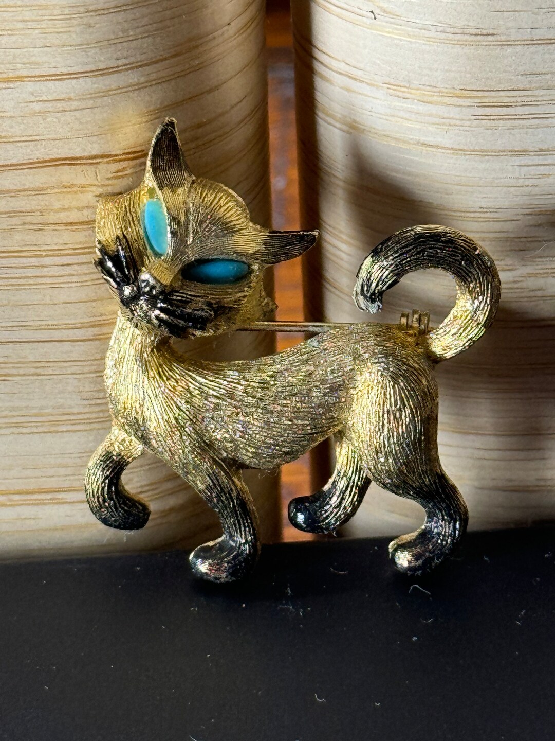 1960s Siamese Cat Brooch Pin Turquoise Eyes Gold Tone Body J.J. Jonette ...