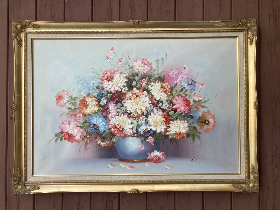 Bouquet Still Life P. KEELING 1948 Vintage Impasto Floral Oil Painting ...