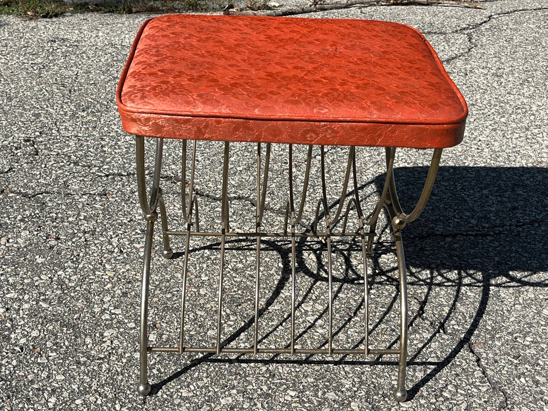 Vintage Atomic Stool: Orange Vinyl, Brass Metal Legs, MCM Furniture - Etsy