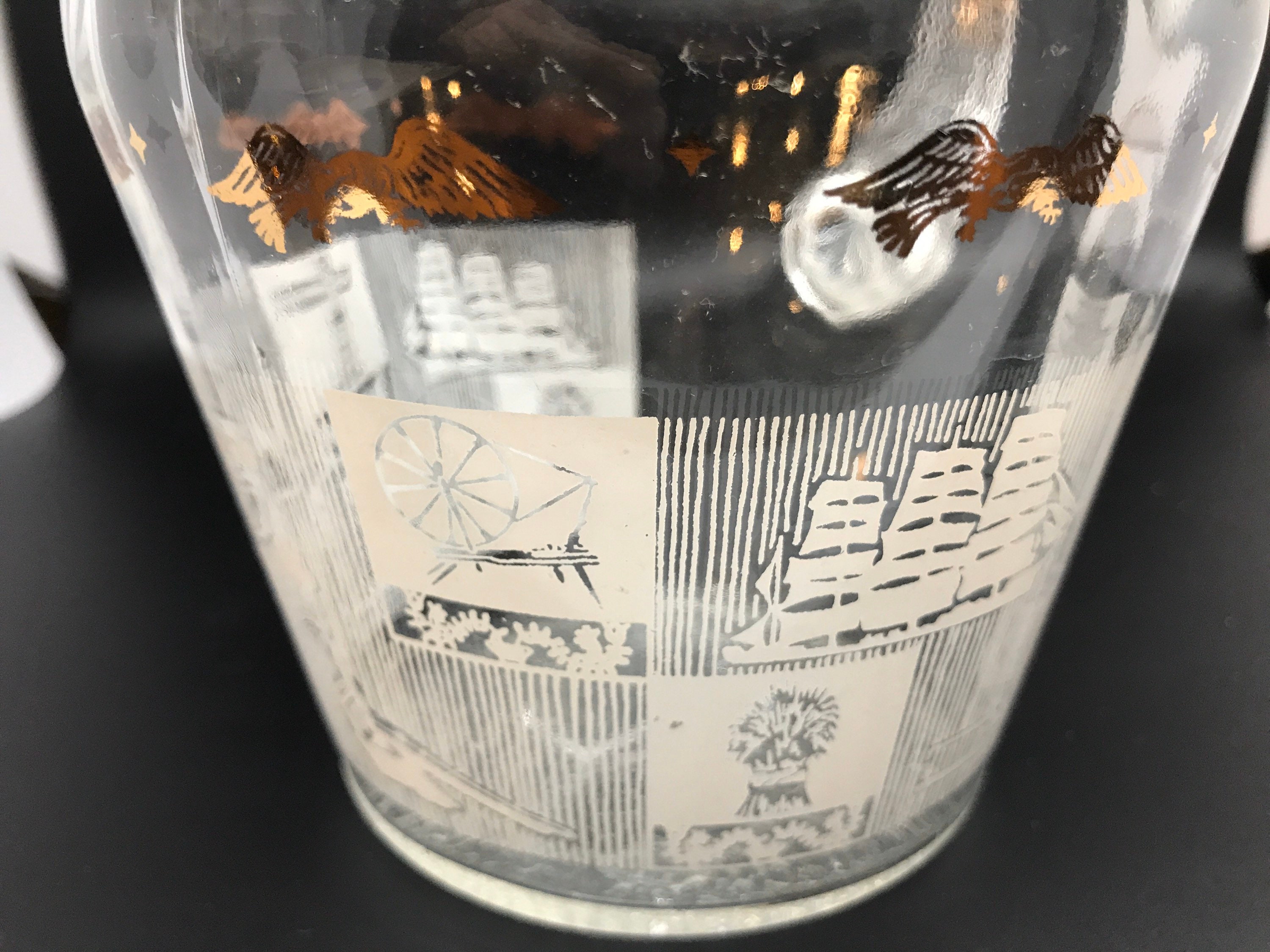 Hazel Atlas Americana Small Glass pitcher Gold Eagle Ship Covered Wagon ...