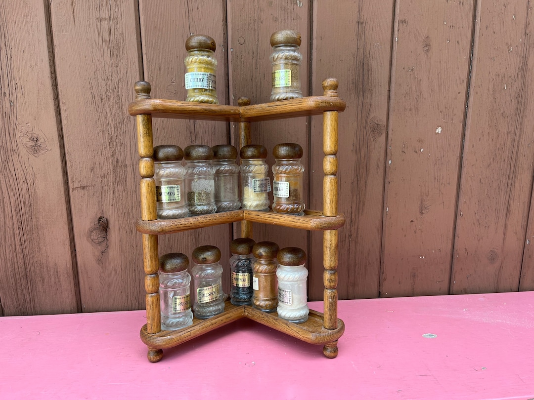 Corner Spice Rack, Wooden, Oak, 12 Spice Jars, Wooden Lid, Cap, Vintage ...