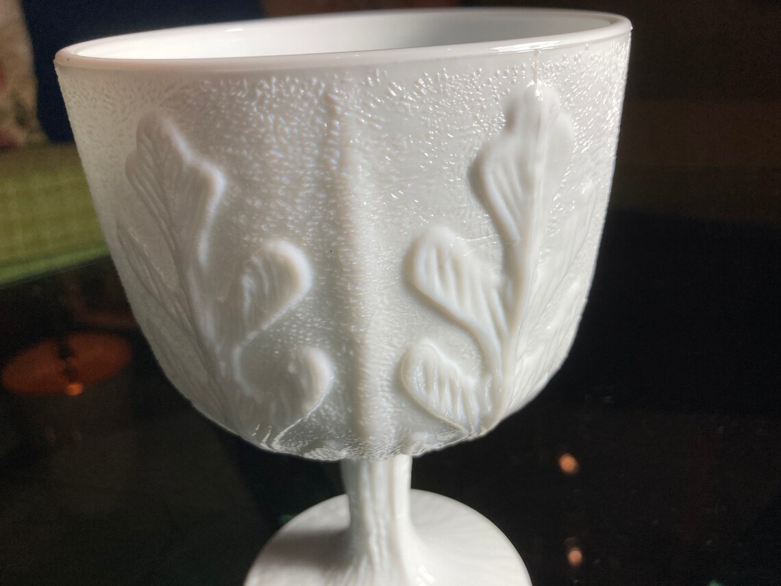Milk Glass Chalice Goblet Classic Oak Leaf Vintage Wine Glass Stemware ...