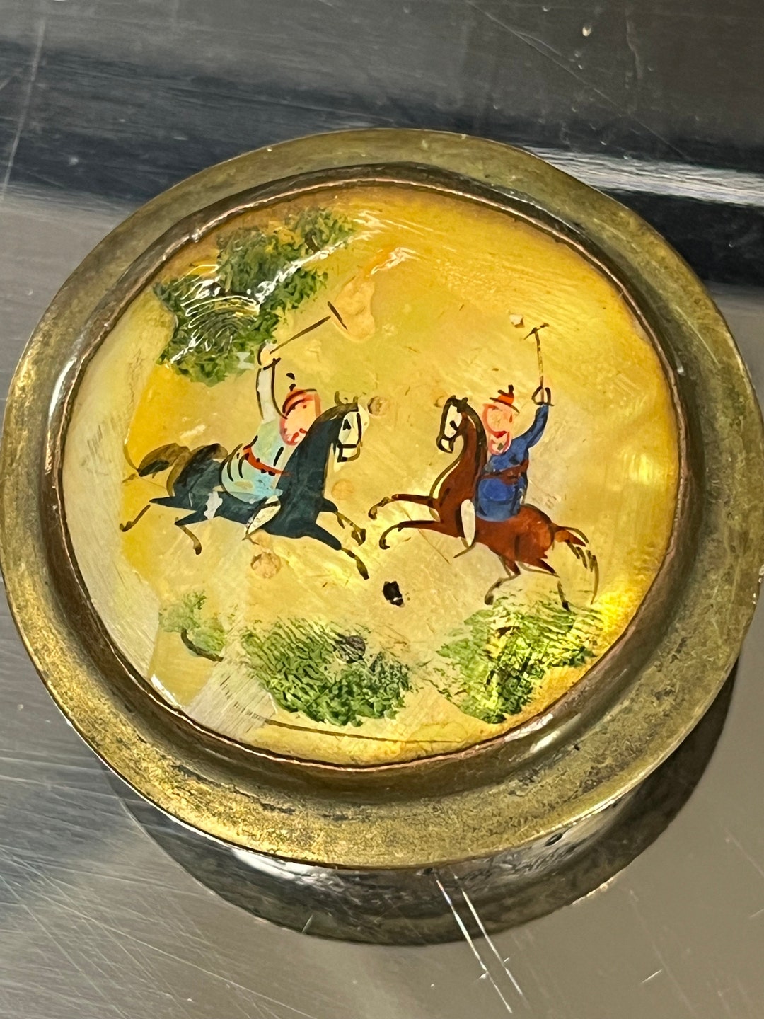 Antique Mughal Moorish Pill Snuff Box Mother of Pearl & Hand Painted ...