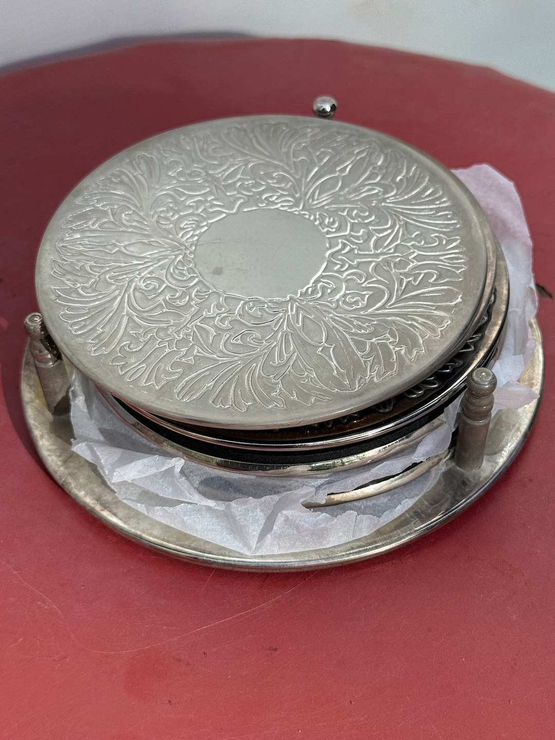 Silverplate, Silver Coloured Etched Coasters, Set of 6 With Holder ...