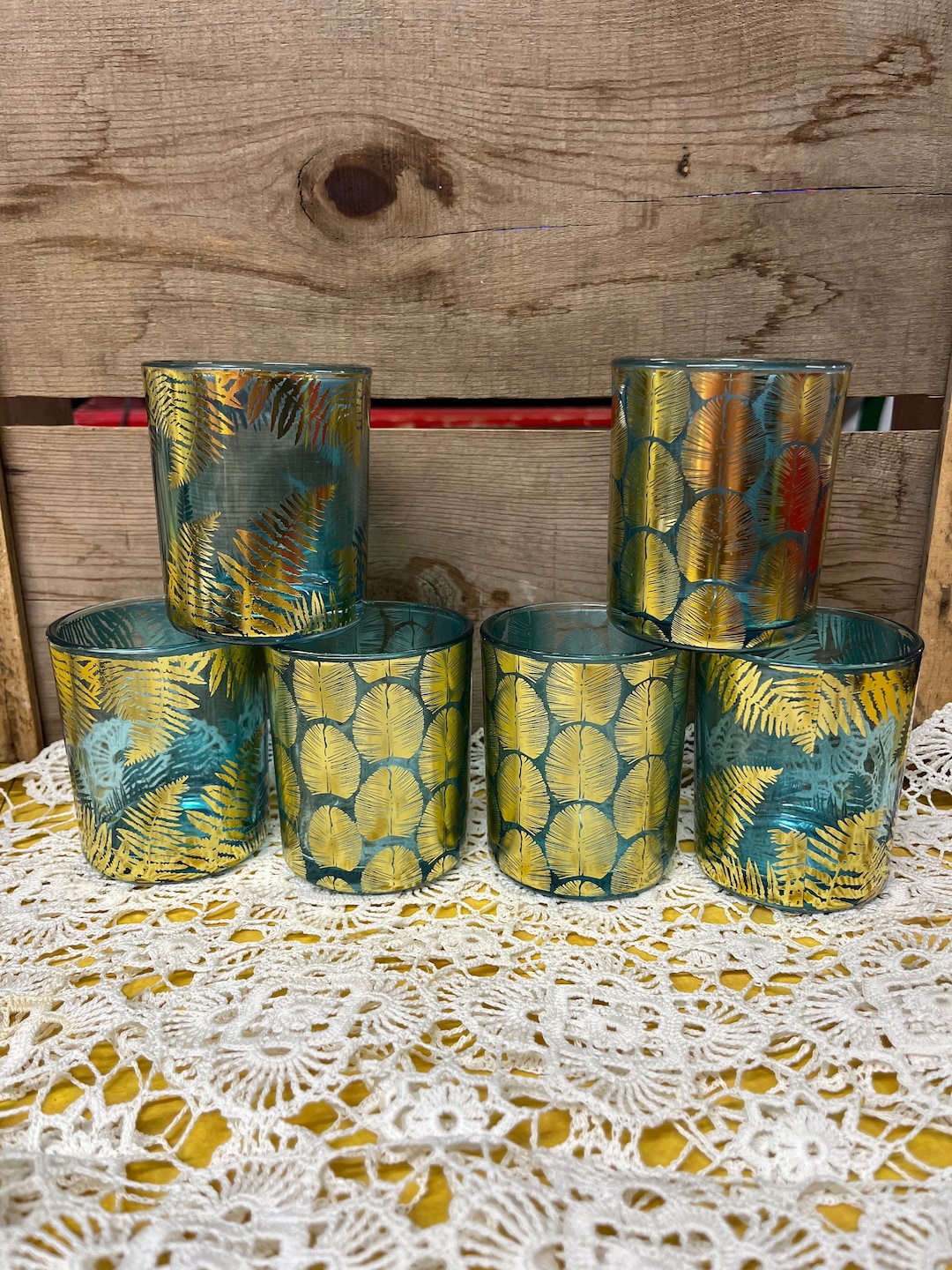 Swanky Gold Leaf Turquoise Glassware Tiki Patio Vintage Set of 6 ...