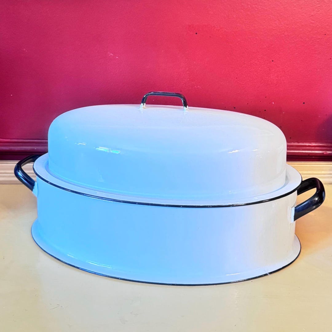 Vintage Enamelware Roaster: White Pan With Black Trim, Farmhouse ...