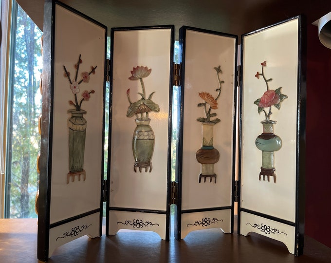 Asian Black Lacquered Folding 4 Panel Table Screen With A Carved Stone ...