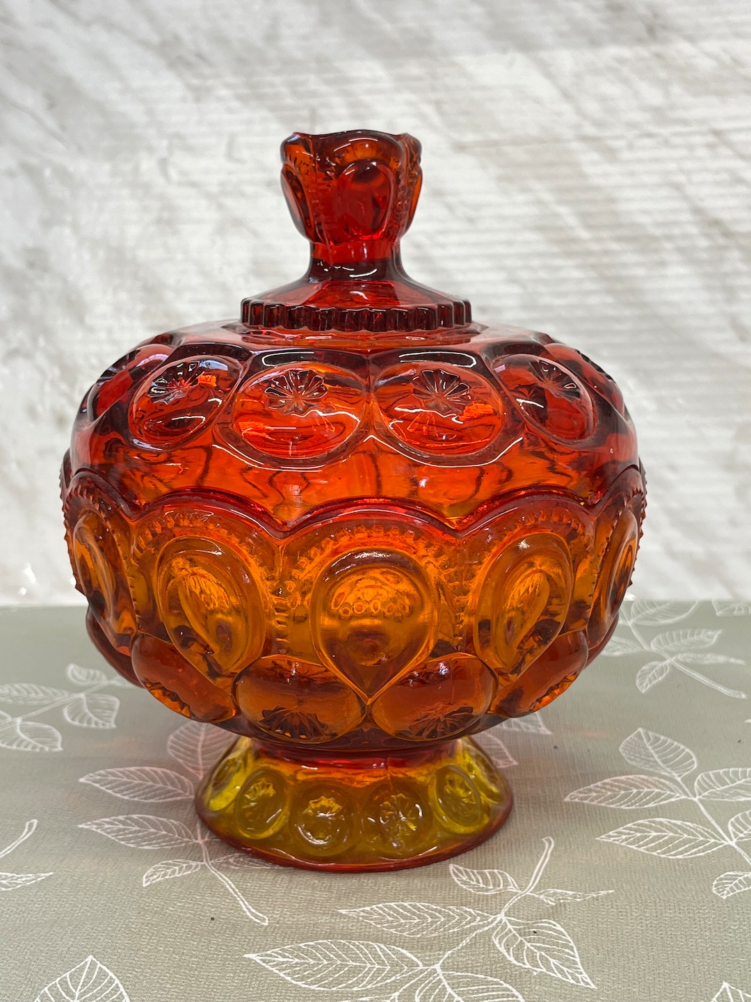 Amberina Persimmon Glass Candy Dish, L.E. Smith Moon and Stars Covered ...
