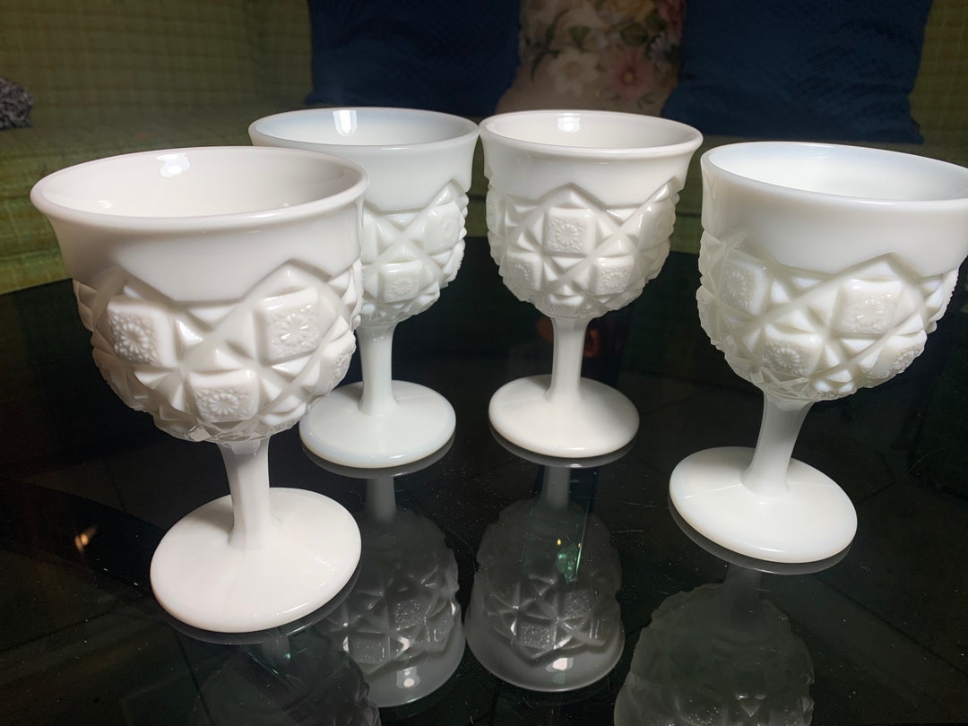 Westmoreland Old Quilt Milk Glass Goblets - Set of 4 Vintage Stemware ...