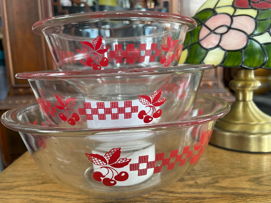Pyrex Mixing Bowl Set, Red Cherries , Nesting Bowls, Clear Glass Red ...