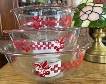 Vintage Pyrex Red Cherry and Checkers Cherry Gingham Clear Glass ...