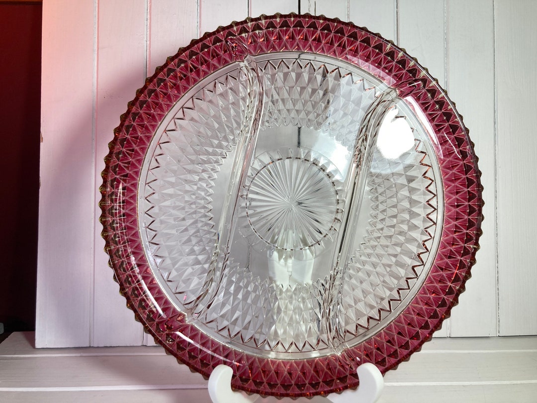 Indiana Glass Ruby Flash Band Crystal Diamond Point Divided Dish ...