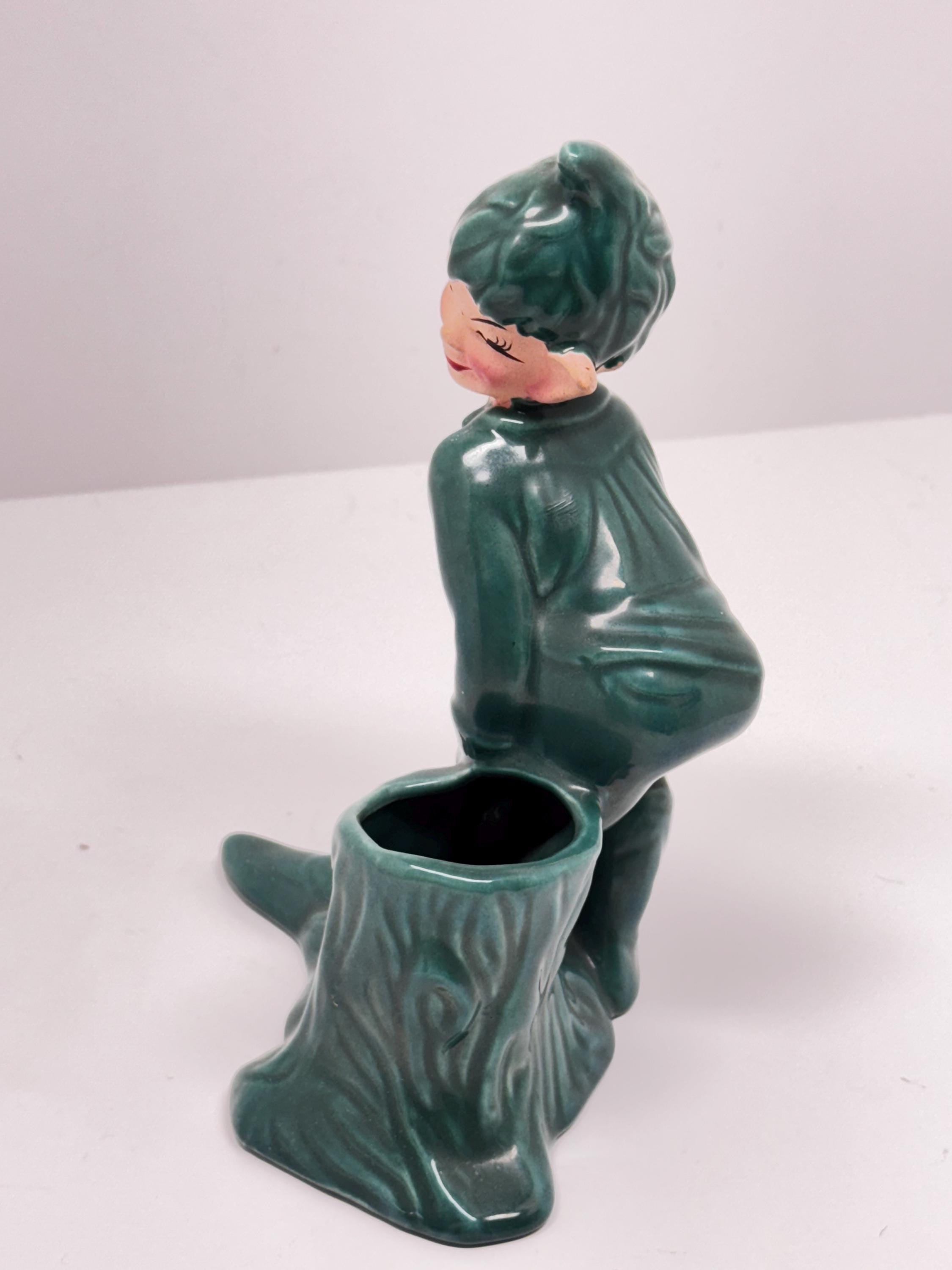 Vintage Gilner Pixie Elf Planter: 1951 Green Ceramic Tree Trunk, 7" - Etsy