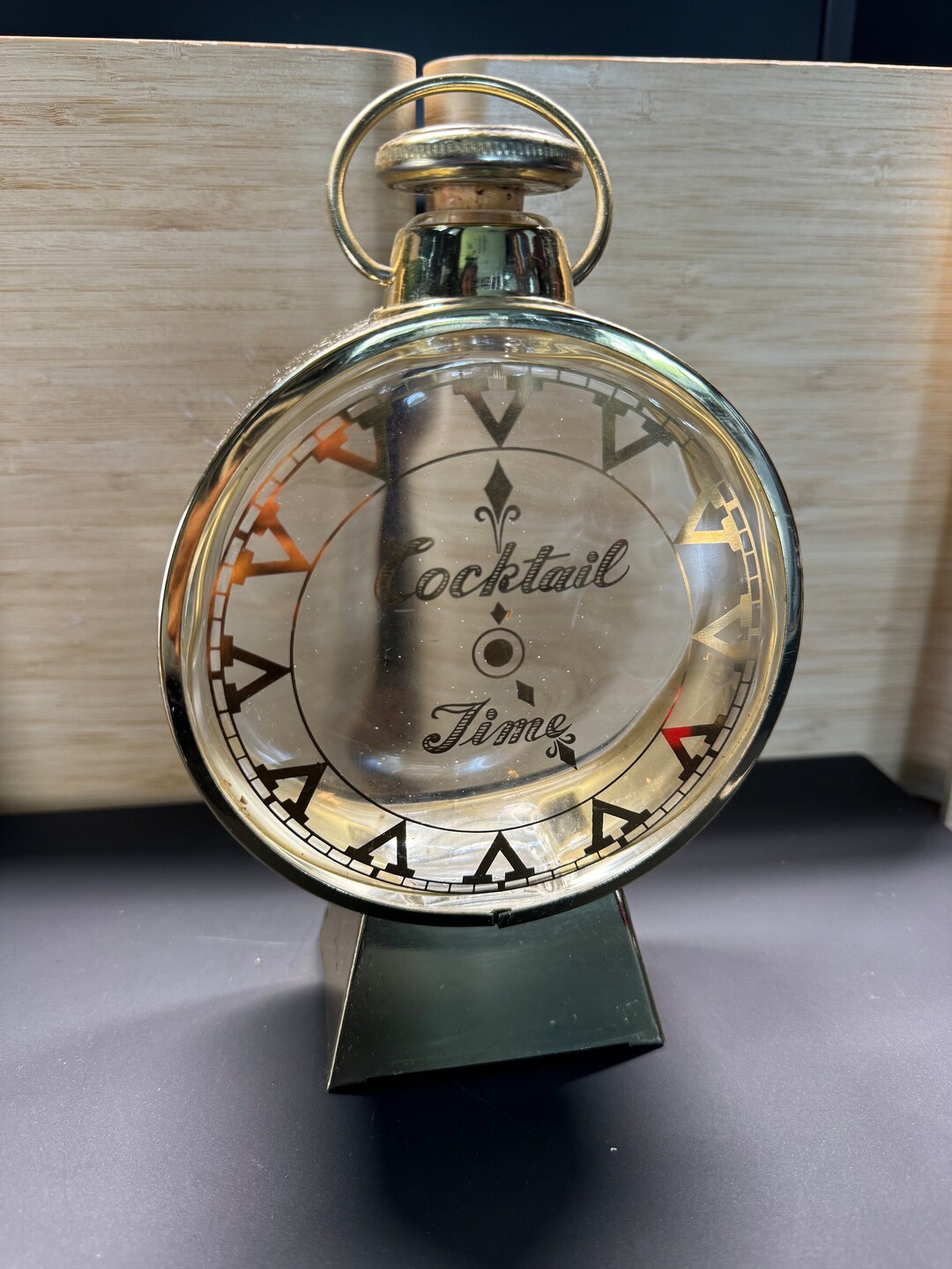 Bar Cocktail Time Clock Decanter Music Box Vintage Barware Novelty Gold ...