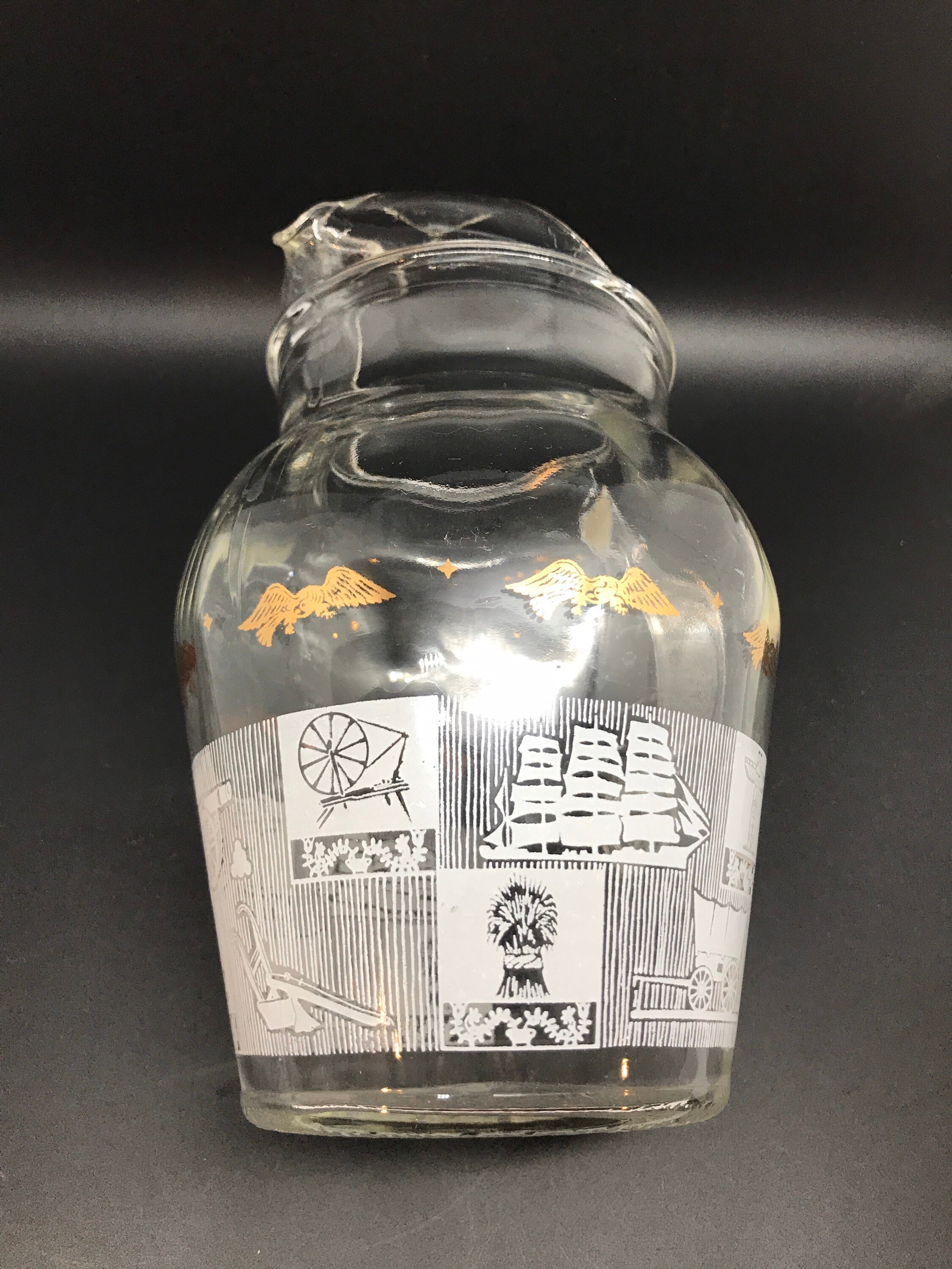 Hazel Atlas Americana Small Glass pitcher Gold Eagle Ship Covered Wagon ...