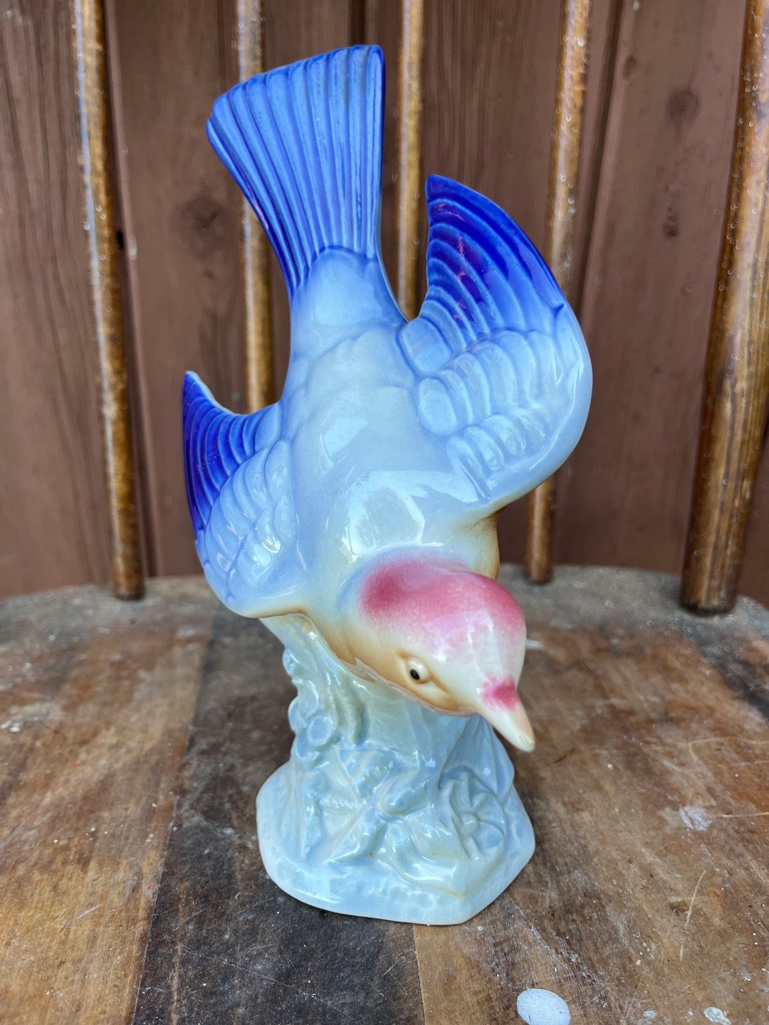 Lovely Royal Copley Large Parrot Blue & Magenta Perched on Brown Stump ...