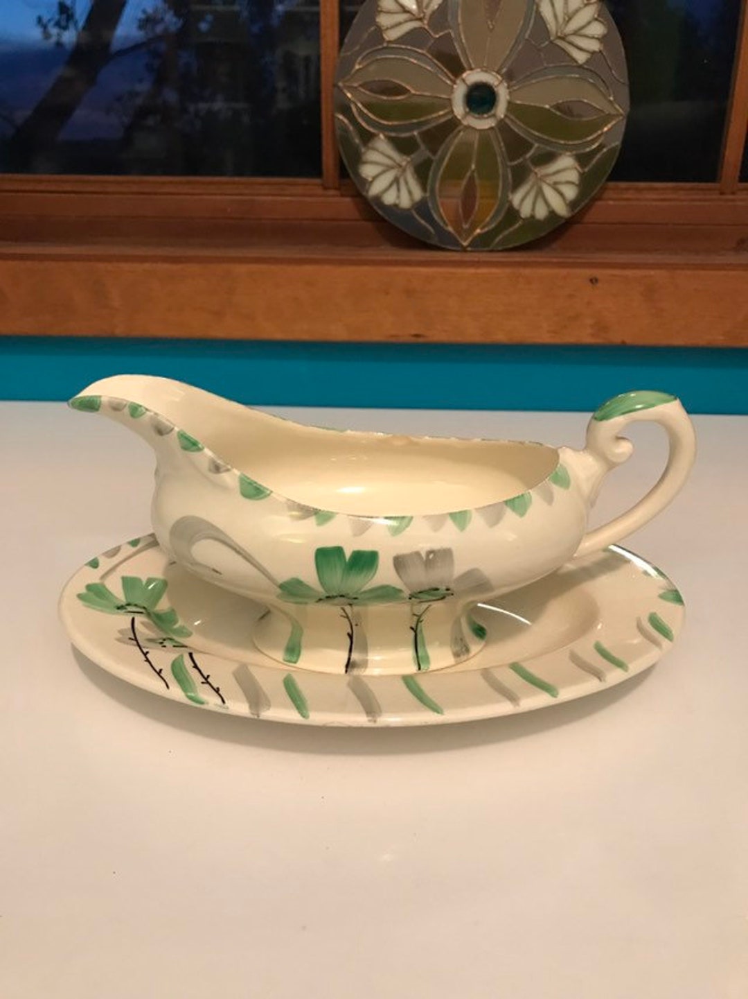 Vintage Myott Art Deco Gravy Boat With Underplate: Hand-painted Floral ...