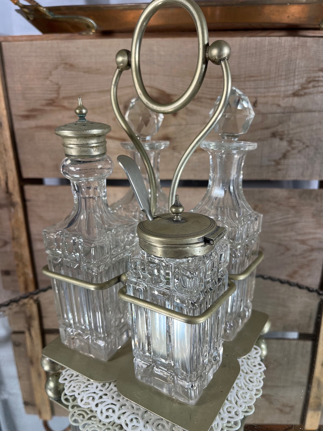 Cruet Set, Crystal, Silver Plate, Clear 4 Pieces, Bottles, Shaker ...
