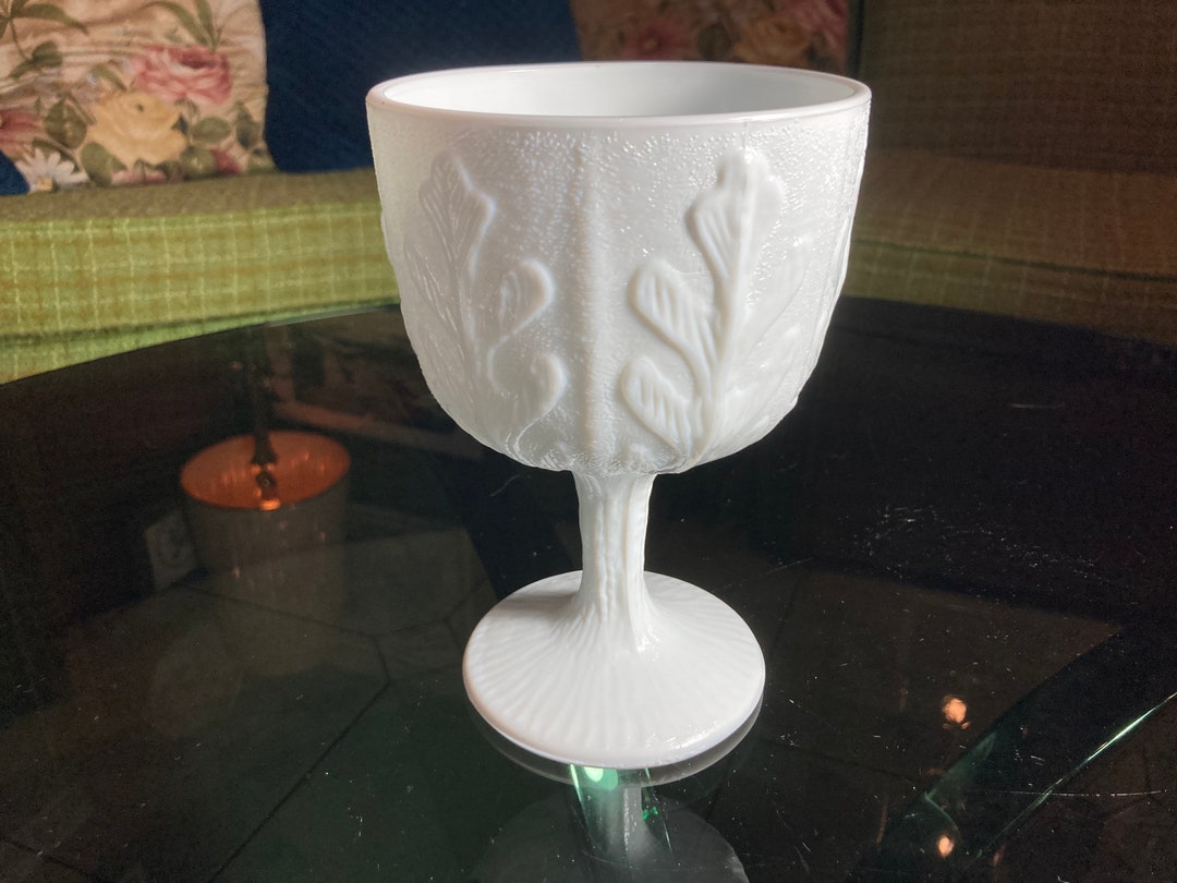 Milk Glass Chalice Goblet Classic Oak Leaf Vintage Wine Glass Stemware ...