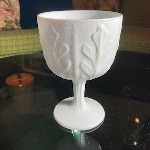 Milk Glass Chalice Goblet Classic Oak Leaf Vintage Wine Glass Stemware ...