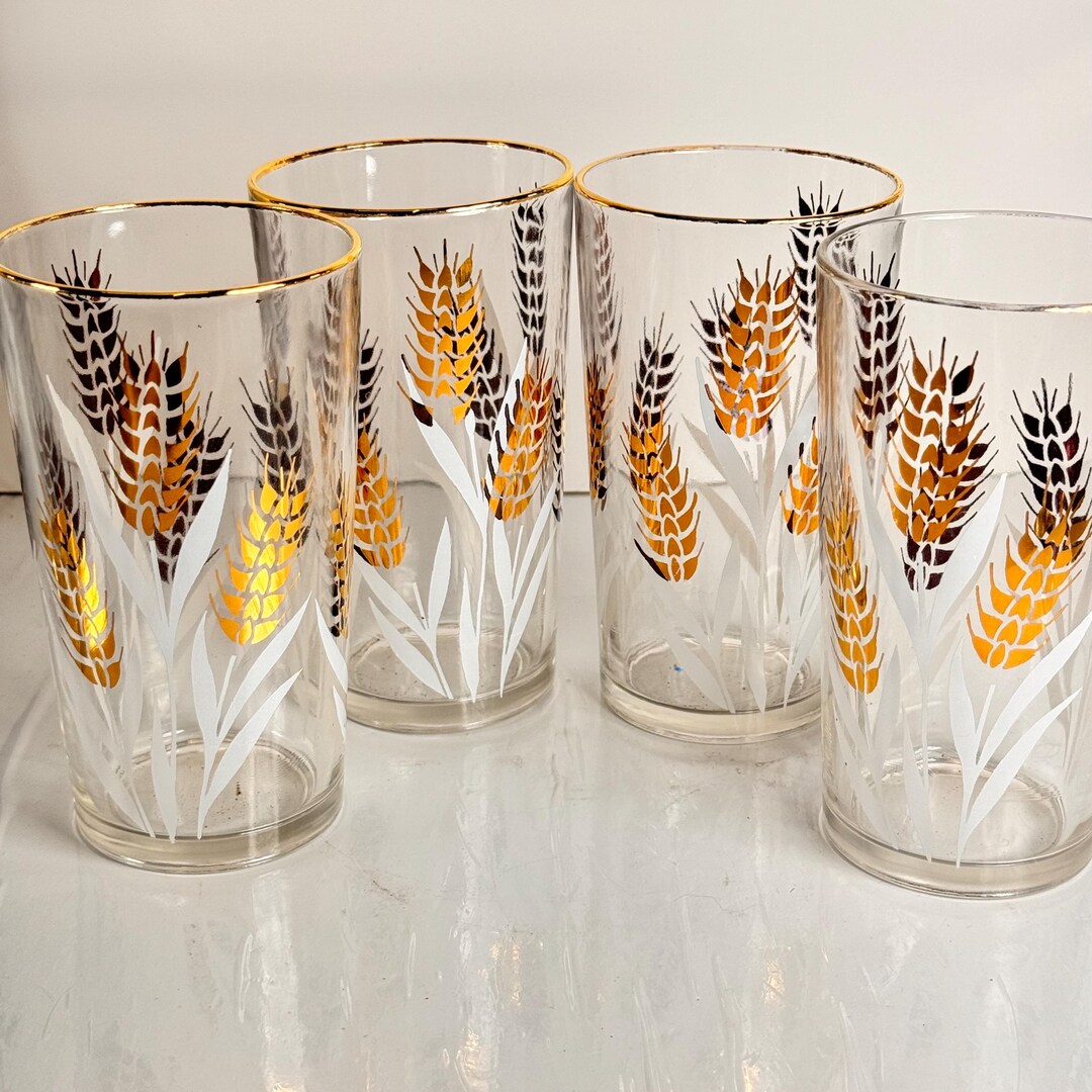 Tumblers Set of 4 Gold and White Wheat Design Glasses Vintage Water ...