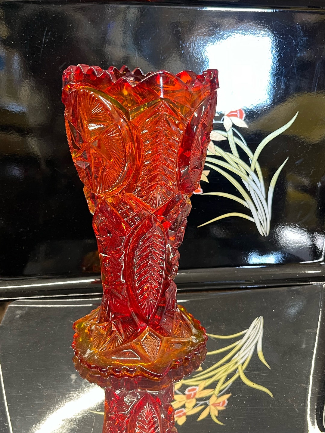 Vase Amberina Persimmon Glass L.E. Smith Buzzsaw Sawtooth Vintage ...