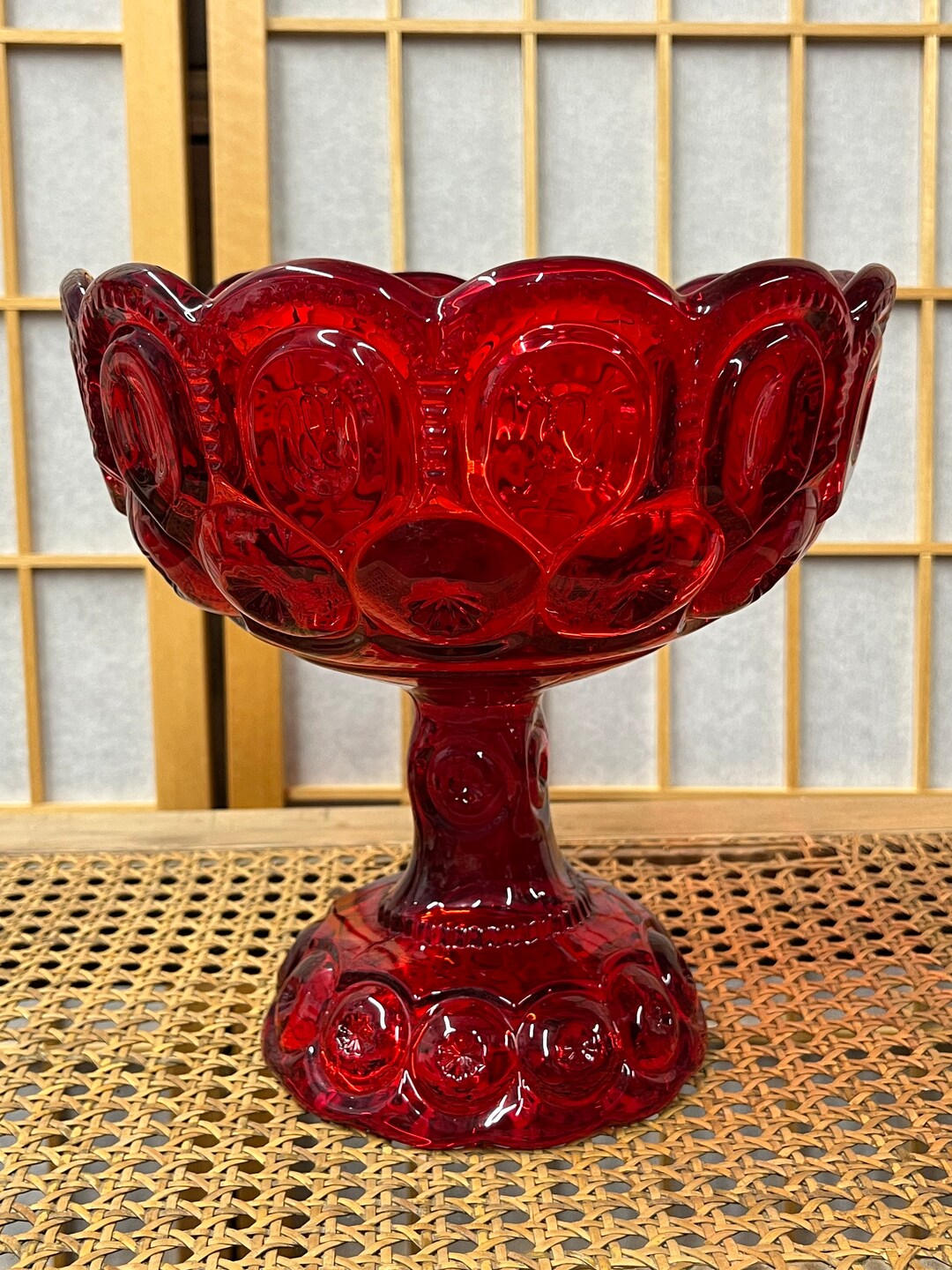 Vintage L.E. Smith Red Glass Compote Dish: Moon and Stars MCM Decor - Etsy