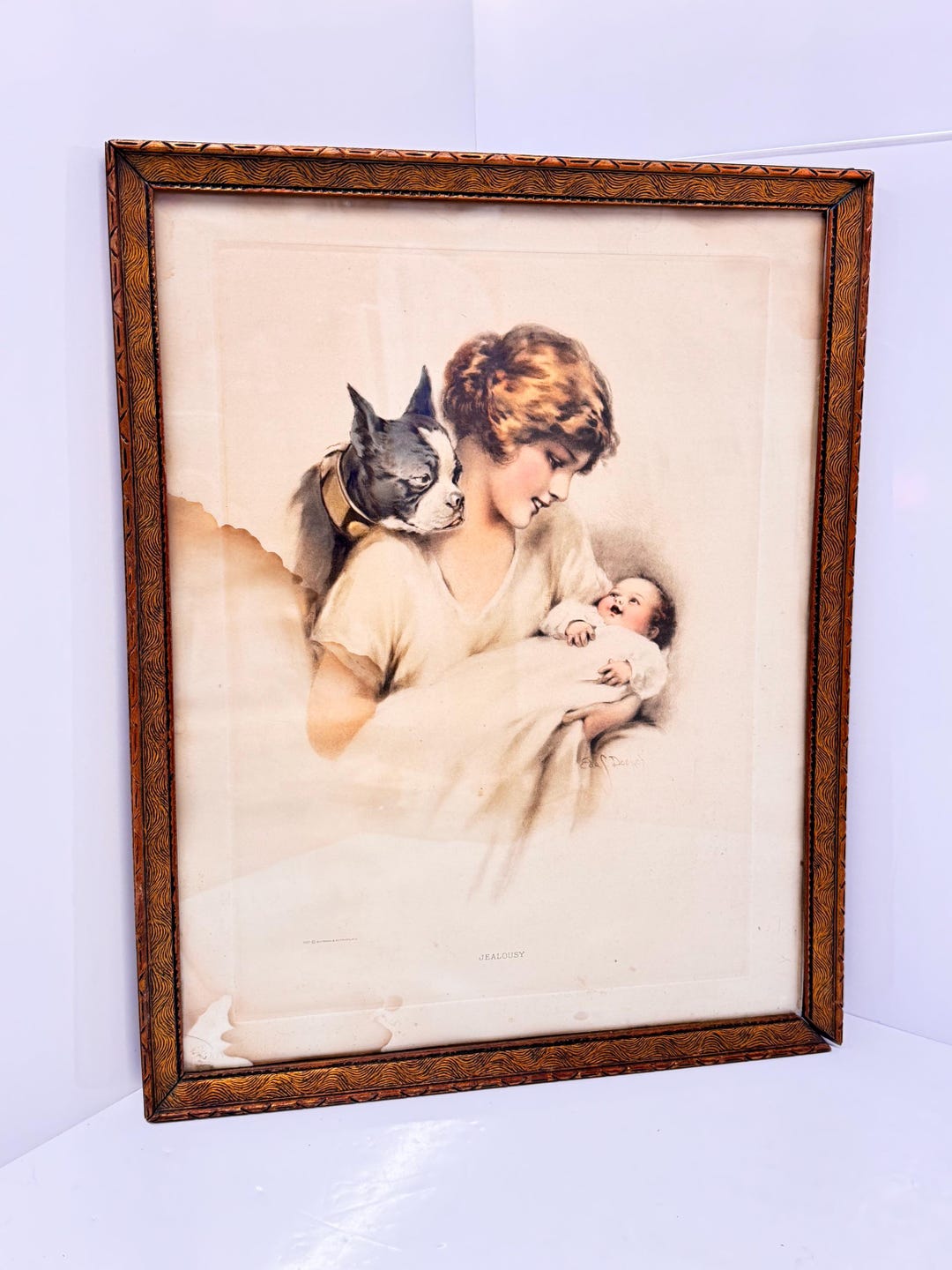 Antique, Artwork “jealousy” Baby Mother Dog Framed Art Vintage Gutmann ...
