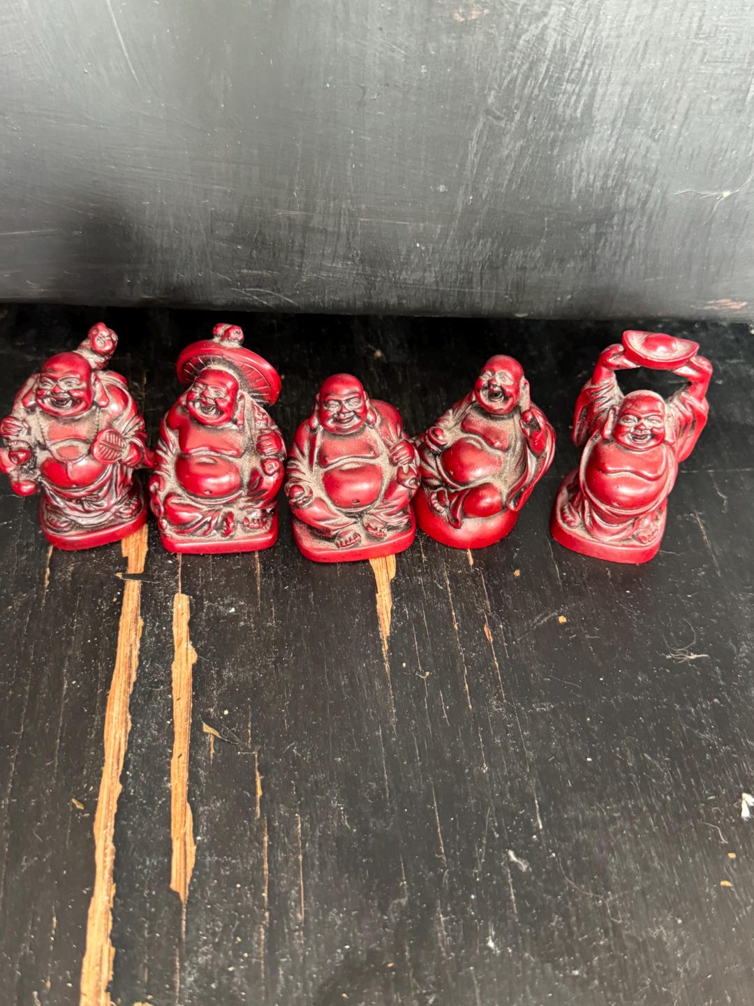 Set of 5 Buddha, Chinese , Figurines Red Resin, Laughing, Mini, Small ...