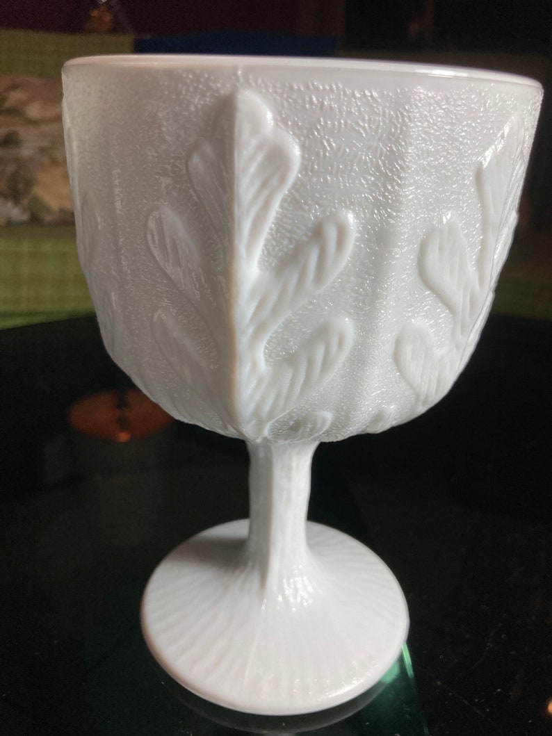 Milk Glass Chalice Goblet Classic Oak Leaf Vintage Wine Glass Stemware ...