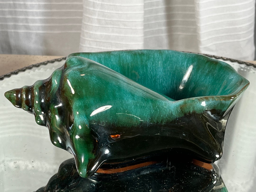 Sea Shell Dish Planter, BMP Blue Mountain Pottery Green and Black Glaze ...