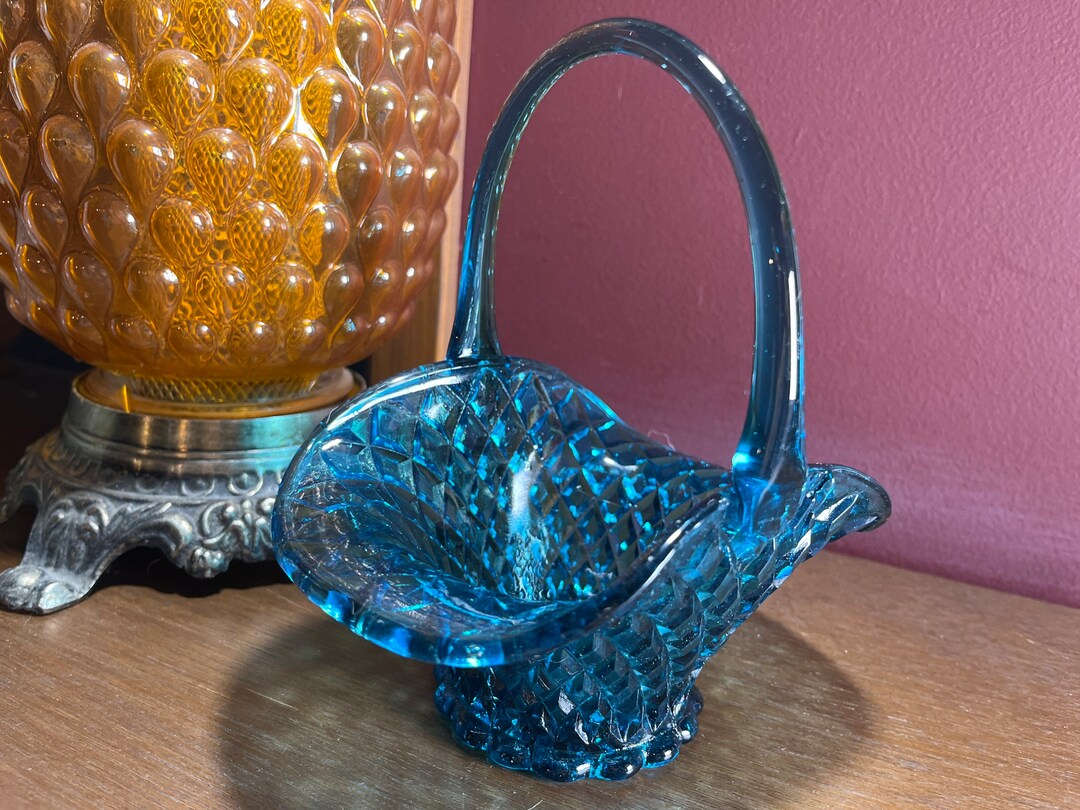 Posy Basket Fruit Bowl Turquoise Blue Indiana Glass Tiara Ruffle Footed ...