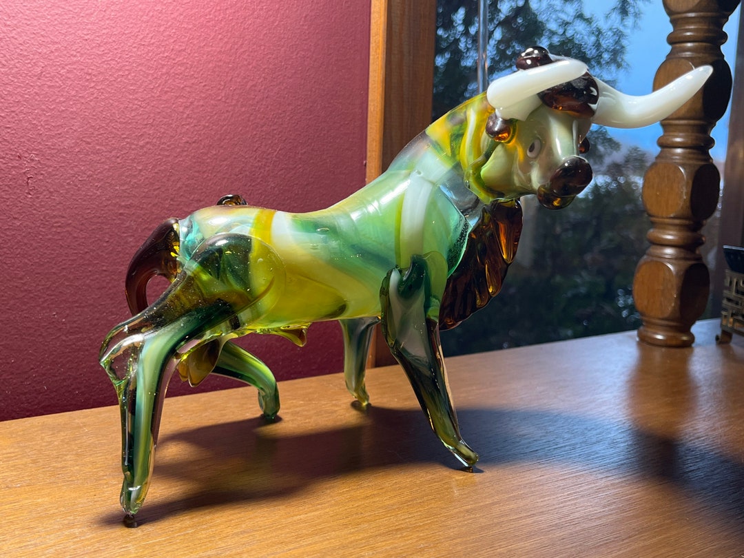 Murano Glass Sculpture of Green Majestic Bull, Made in Italy Sculpture ...
