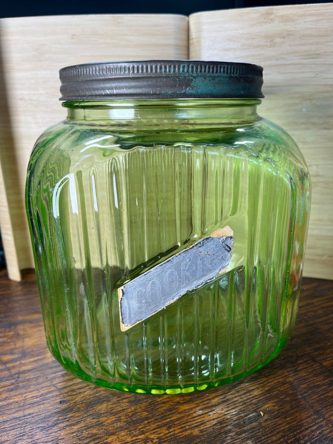 Uranium Hoosier Style Gree Depression Glass Cookie Jar With Lid Storage ...